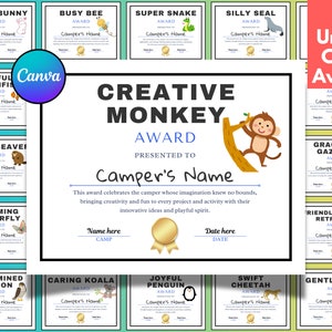 40 Customizable Camp Awards, Fun Animal Themed Summer Camp Certificates ...
