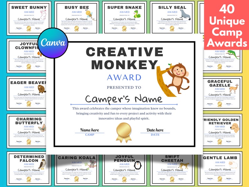 40 Customizable Camp Awards, Fun Animal Themed Summer Camp Certificates ...