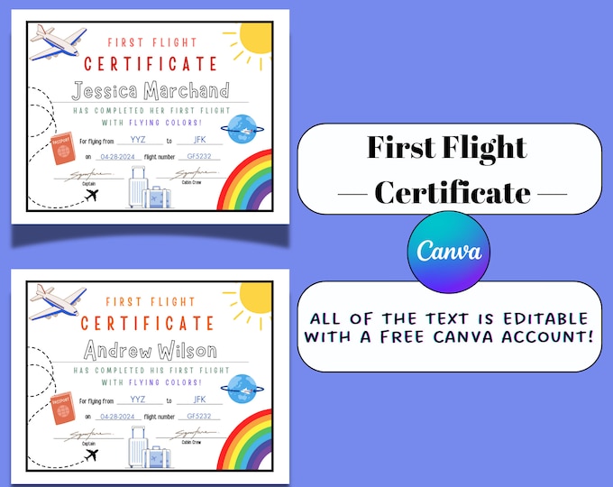 First Flight Certificate for Kids, Toddler's First Flight Award, First ...
