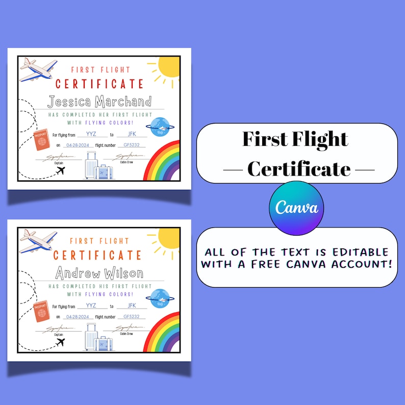 First Flight Certificate for Kids, Toddler's First Flight Award, First ...