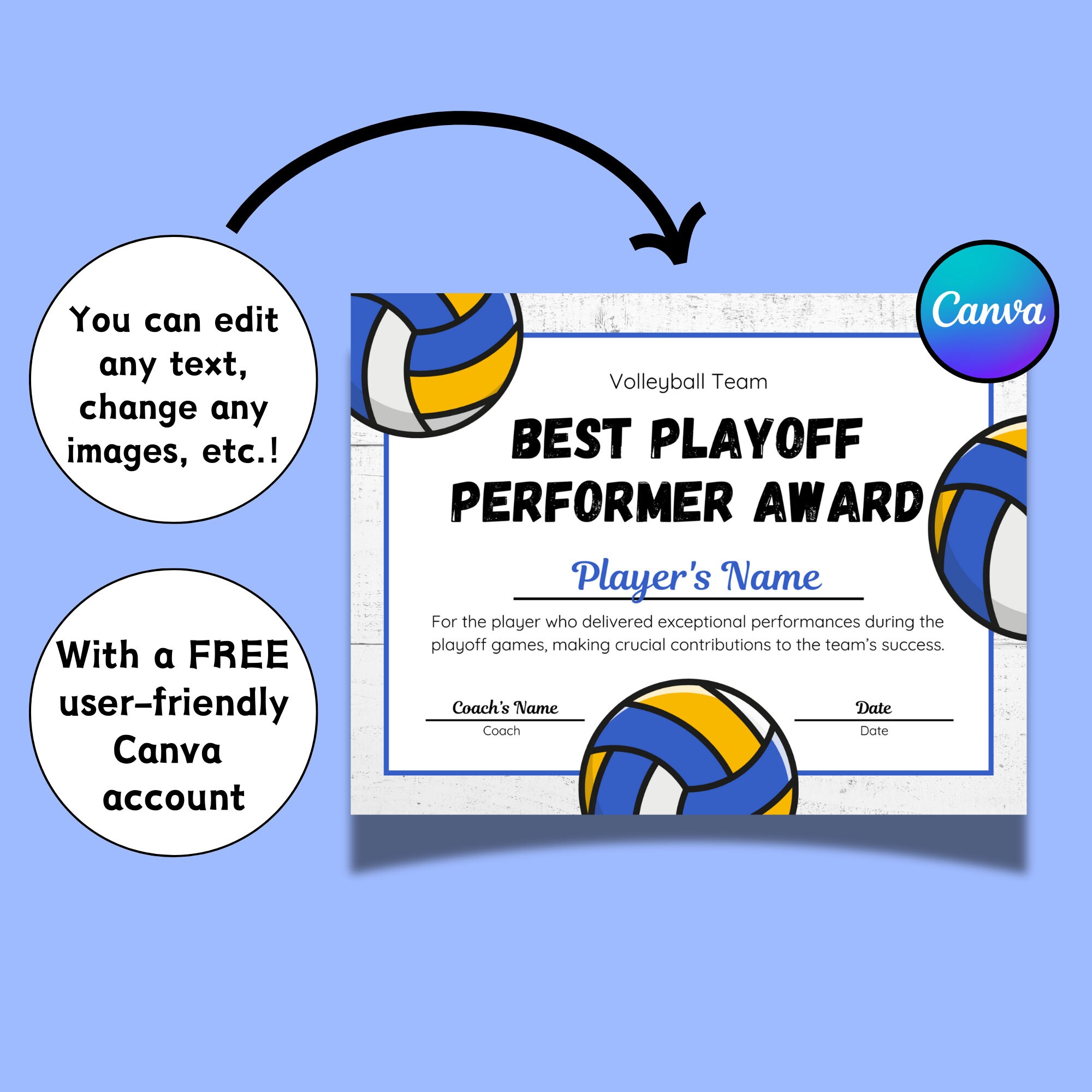 50 Volleyball Award Certificates Editable in Canva, School Volleyball ...
