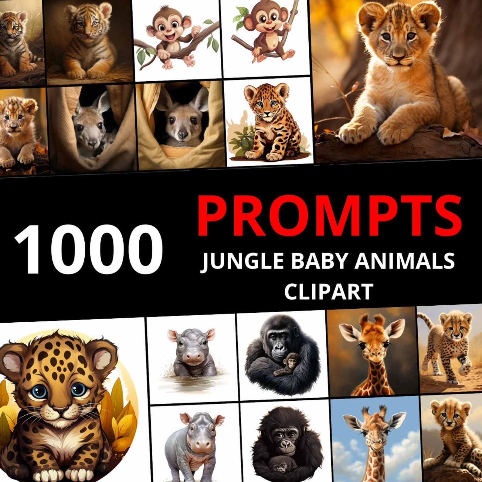 1000 Prompts Jungle Baby Animals Clipart, Baby Animals Design, Ai ...