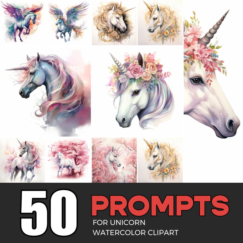 50 Prompts Unicorn Clipart, Watercolor Wall Art, Fantasy Animal Wall ...