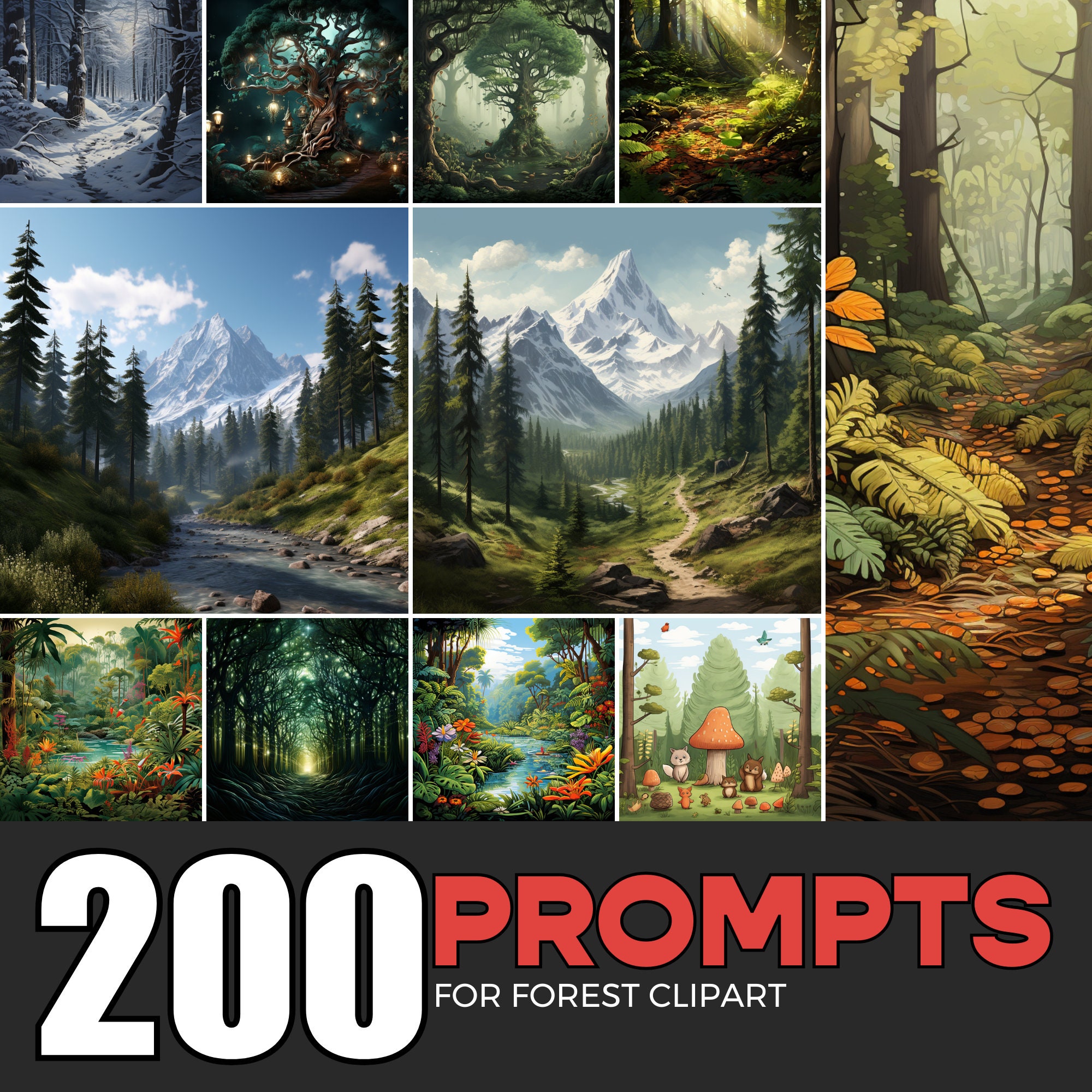 200 Prompts Forest Clipart, Watercolor Beautiful Trees Clipart, Forest ...