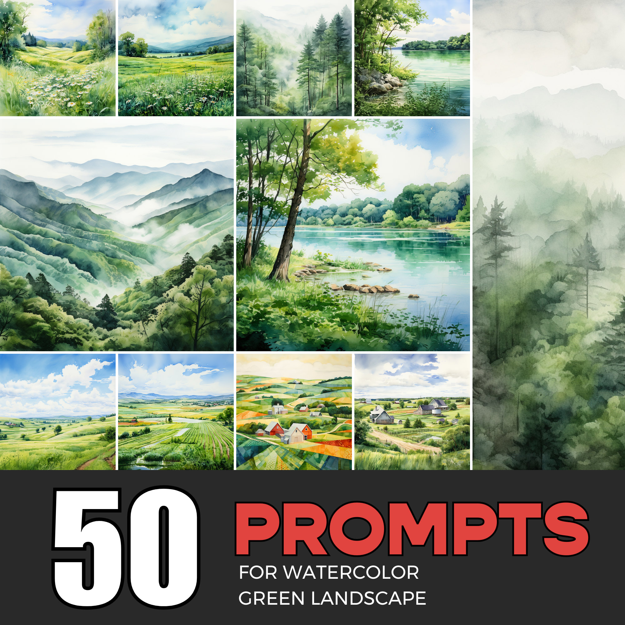 50 Prompts for Landscape, Green Wall Art, Green Landscape Wall Decor ...
