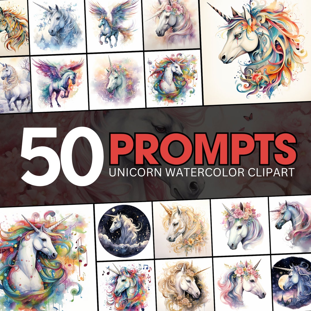 50 Prompts Unicorn Clipart, Watercolor Wall Art, Fantasy Animal Wall ...