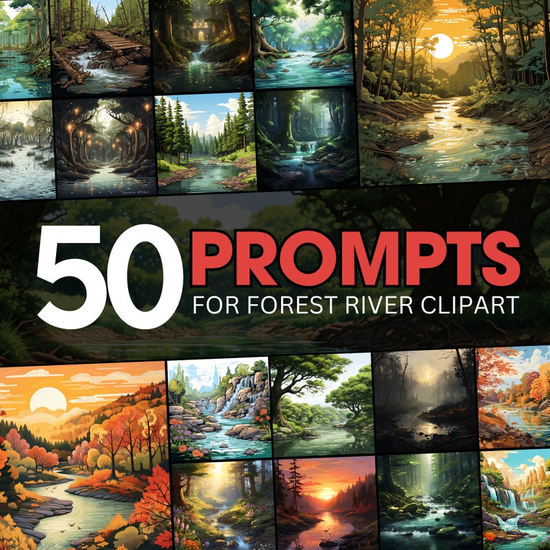 50 Prompts Forest River, Watercolor River Clipart, Forest River Design ...