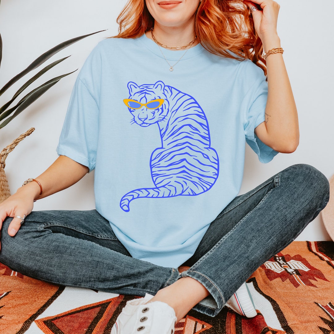 Comfort Colors Retro Blue and Yellow Tiger Shirt, Tigers Mascot, Tigers ...