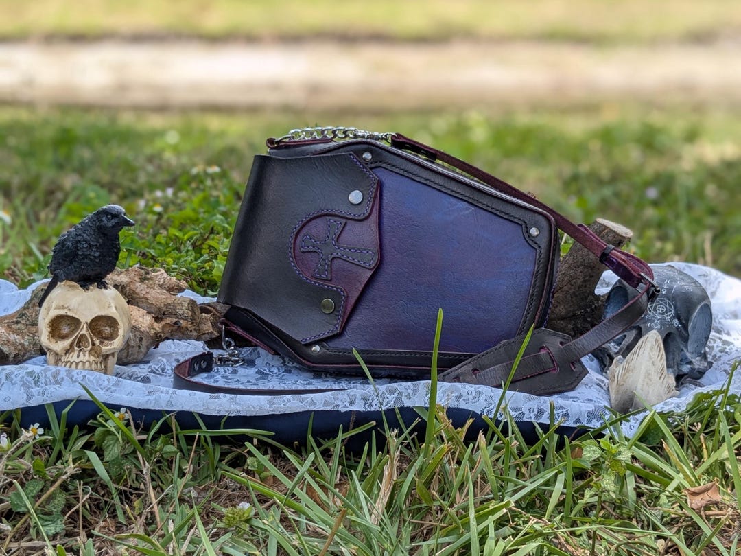 Handcrafted Leather Coffin Purse | Gothic Handbag | Purple Black Red ...