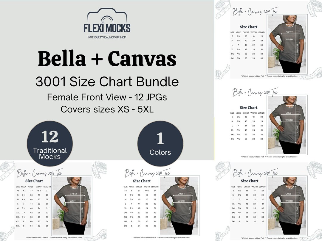BC3001 Size Chart Mockup | XS to 5XL | Womens Shirt Size Chart | Boho T ...