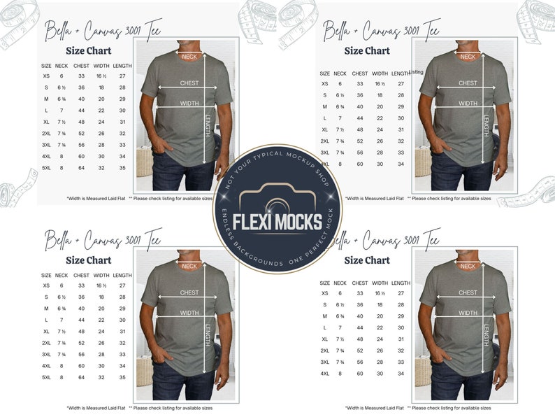 Men's BC3001 Size Chart Mockup | XS to 5XL | Mens Shirt Size Chart ...
