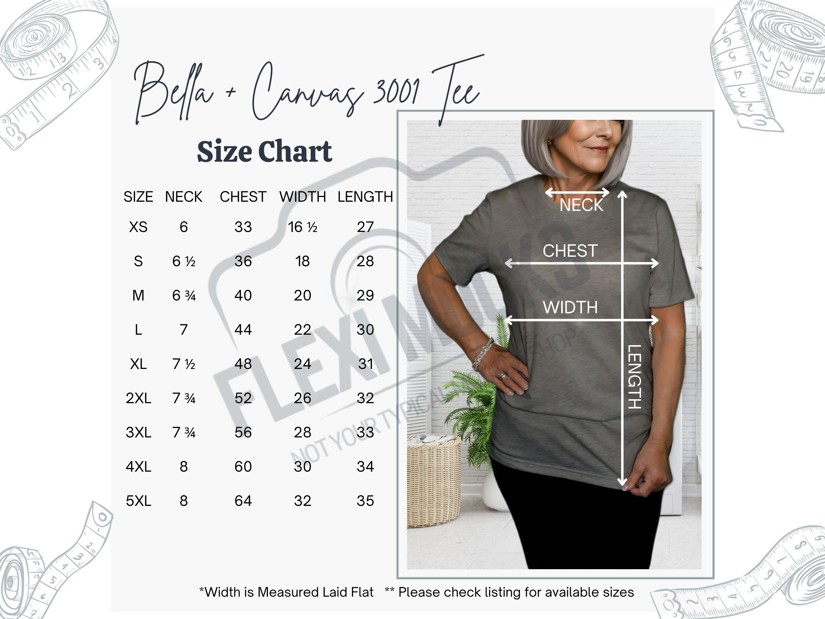 BC3001 Size Chart Mockup XS to 5XL Womens Shirt Size Chart Boho T-shirt ...