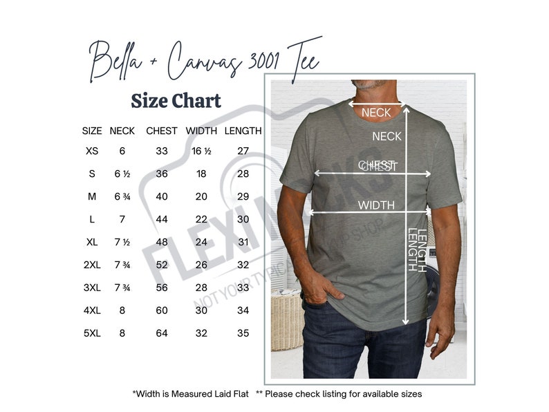 Men's BC3001 Size Chart Mockup | XS to 5XL | Mens Shirt Size Chart ...
