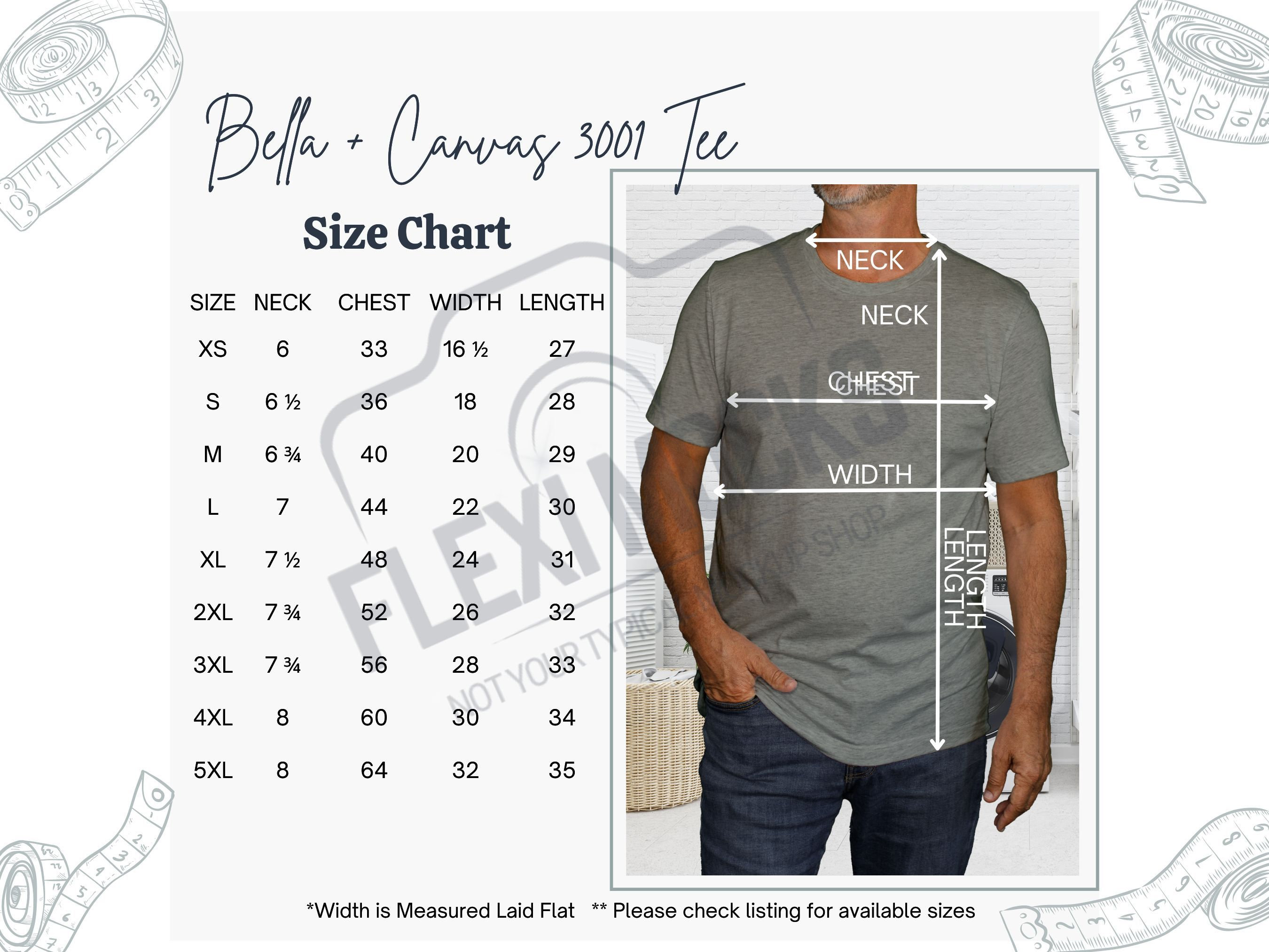 Men's BC3001 Size Chart Mockup | XS to 5XL | Mens Shirt Size Chart | Boho T-shirt Size Chart ...