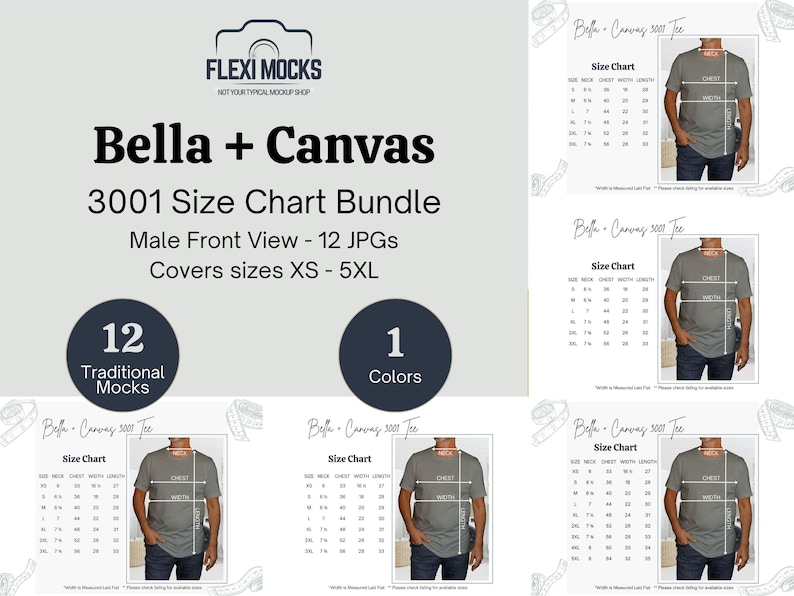 Men's BC3001 Size Chart Mockup | XS to 5XL | Mens Shirt Size Chart ...