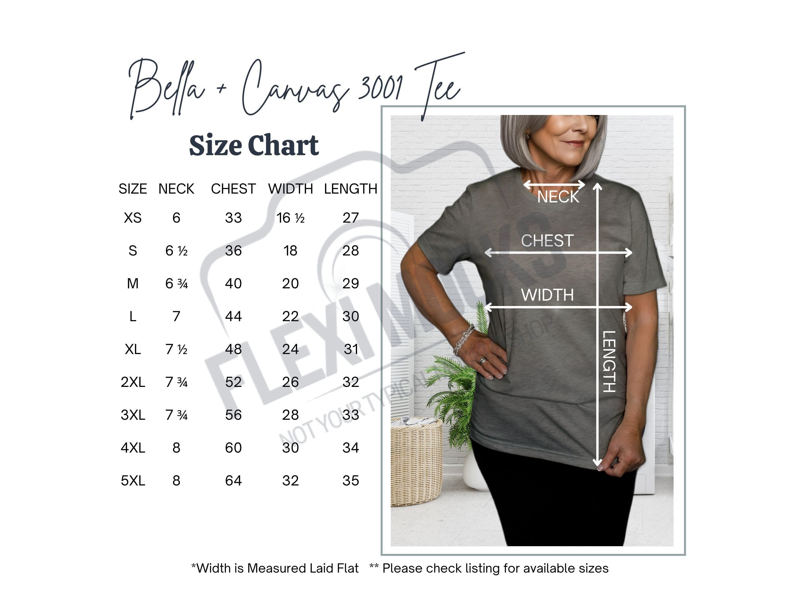BC3001 Size Chart Mockup XS to 5XL Womens Shirt Size Chart Boho T-shirt ...