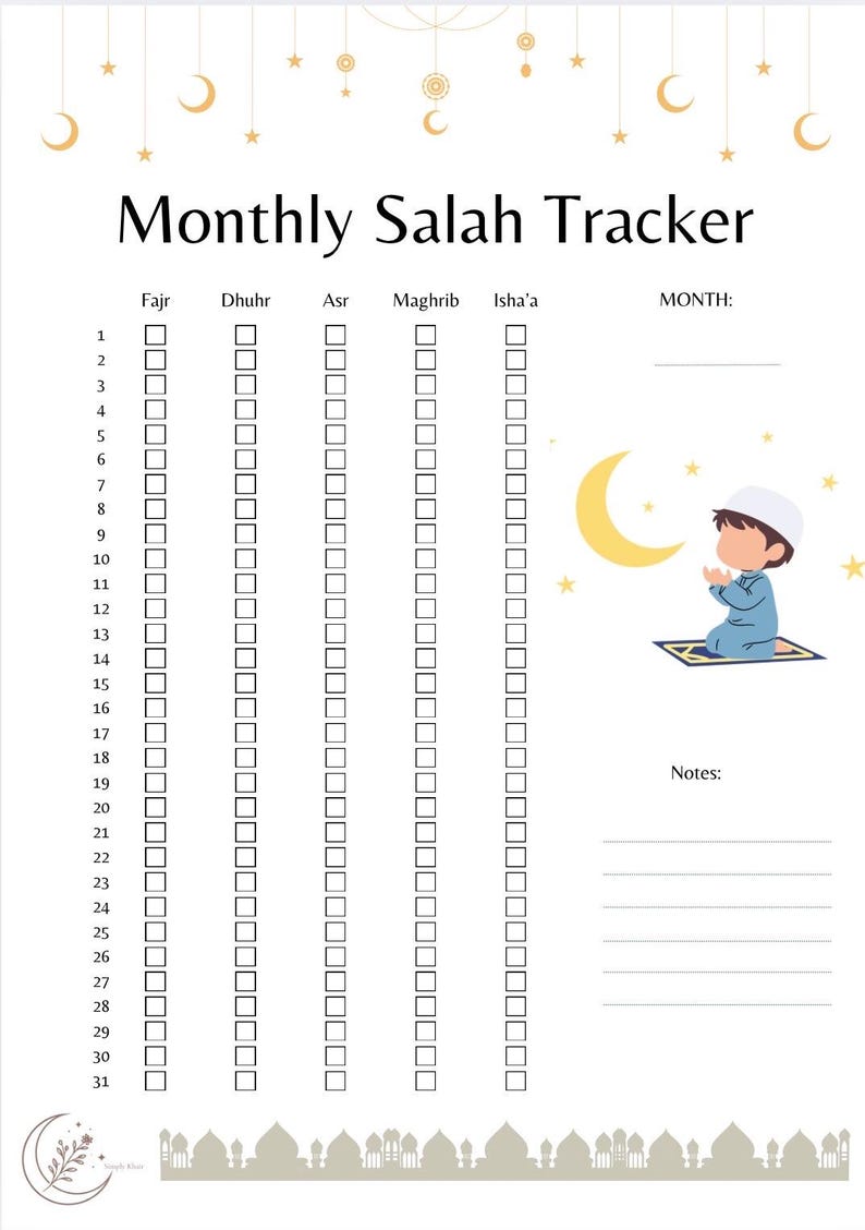Kids Salah Tracker | Monthly Islamic Prayer Chart (digital Download) - Etsy