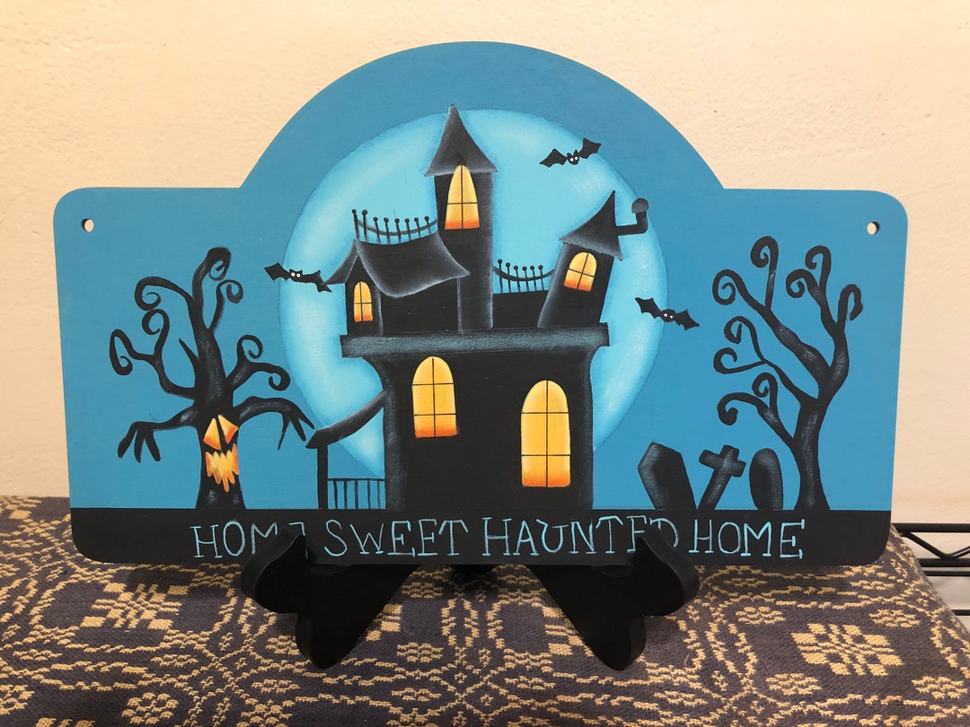 Halloween Haunted House Plaque-moon-hand Painted - Etsy