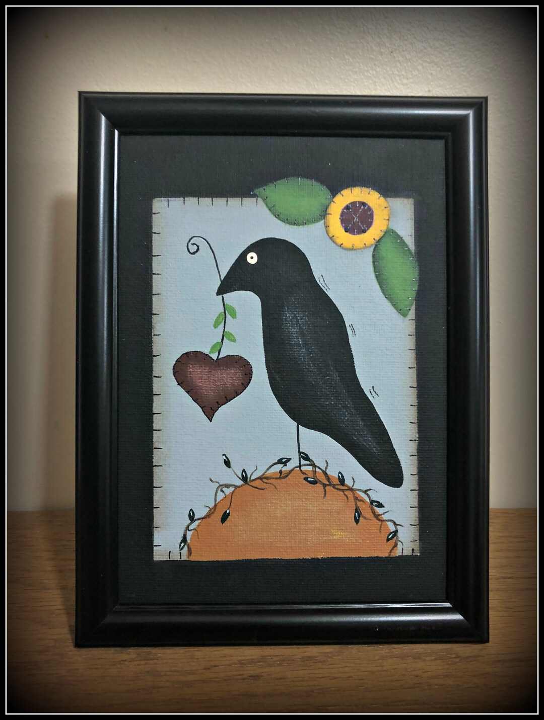 Primitive Crow-heart-5 X 7 Canvas Framed Panel-home Decor-hand Painted ...