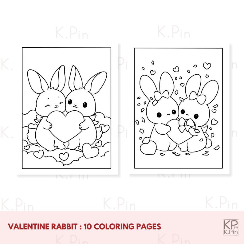 Valentine Rabbit Coloring Pages - Kawaii Bunny Love - Printable Digital ...