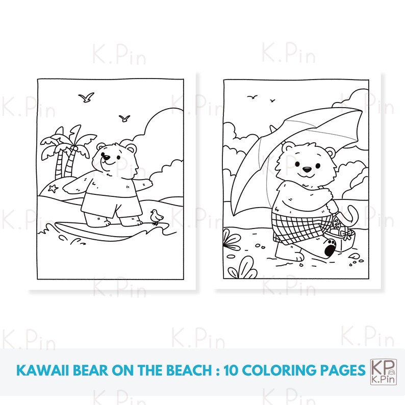 Kawaii Bear Beach Coloring Page - Cute Summer Printable for Kids ...