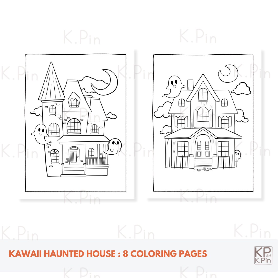 Kawaii Haunted House Coloring Pages: Spooky Halloween Bundle (PDF JPG ...
