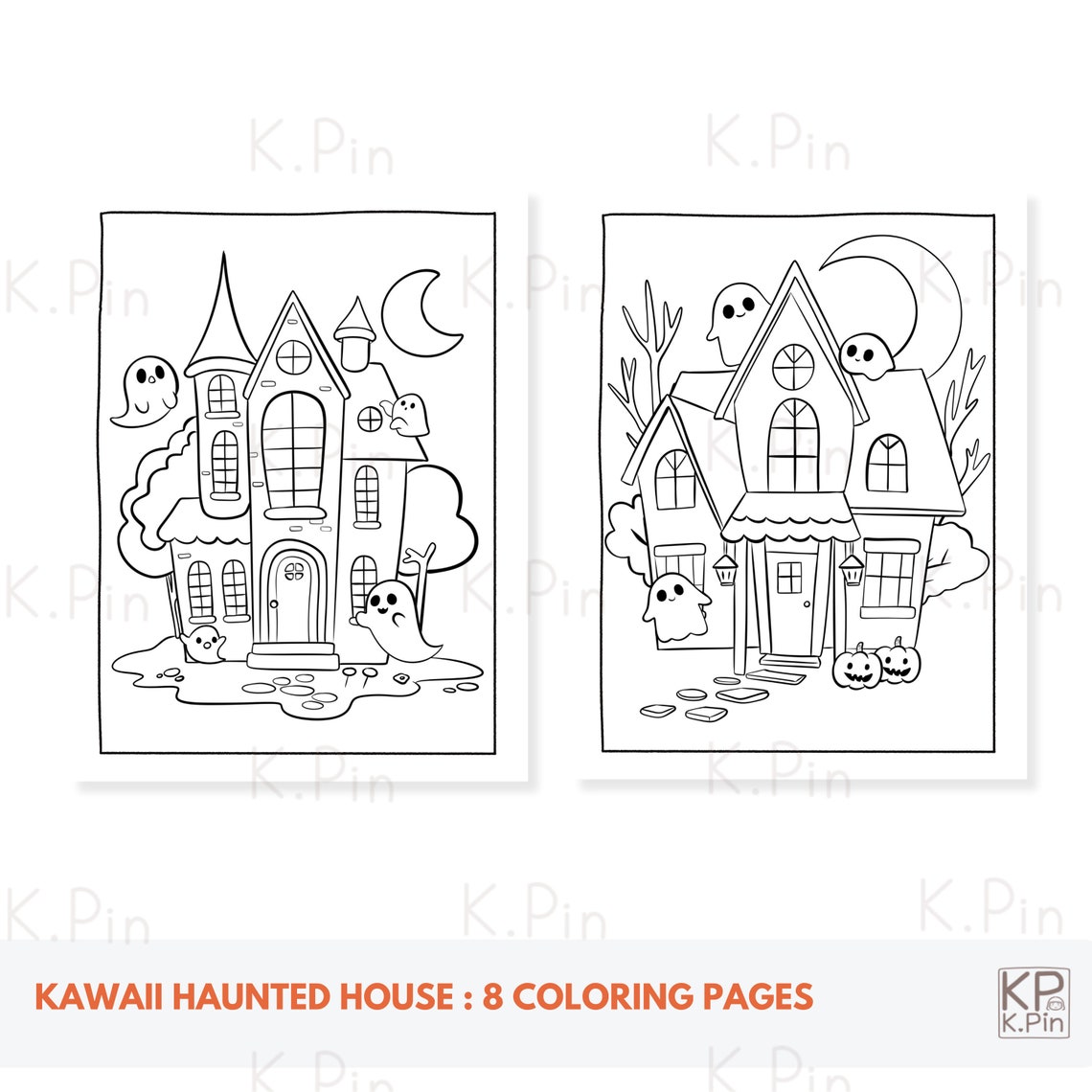 Kawaii Haunted House Coloring Pages: Spooky Halloween Bundle (PDF JPG ...