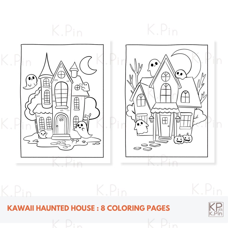 Kawaii Haunted House Coloring Pages Printable Bundle PDF JPG PNG ...