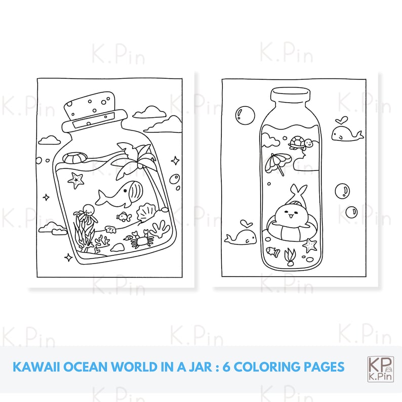 Kawaii Ocean World in a Jar Coloring Pages | Printable Bundle | PDF JPG ...