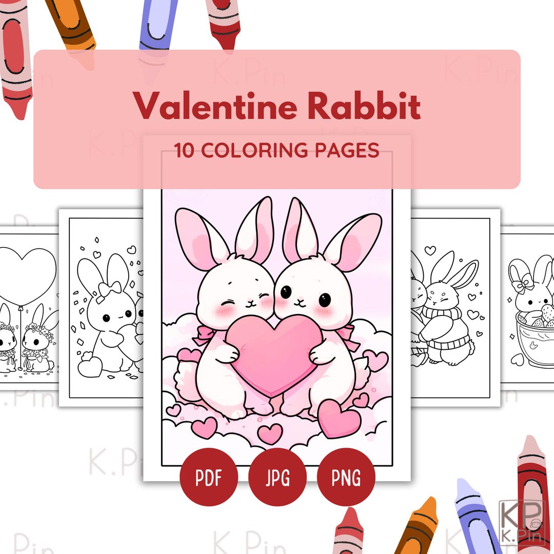 Valentine Rabbit Coloring Pages - Kawaii Bunny Love - Printable Digital ...