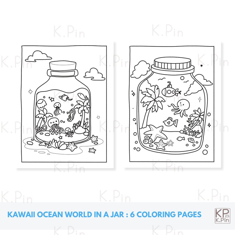 Kawaii Ocean World in a Jar Coloring Pages | Printable Bundle | PDF JPG ...