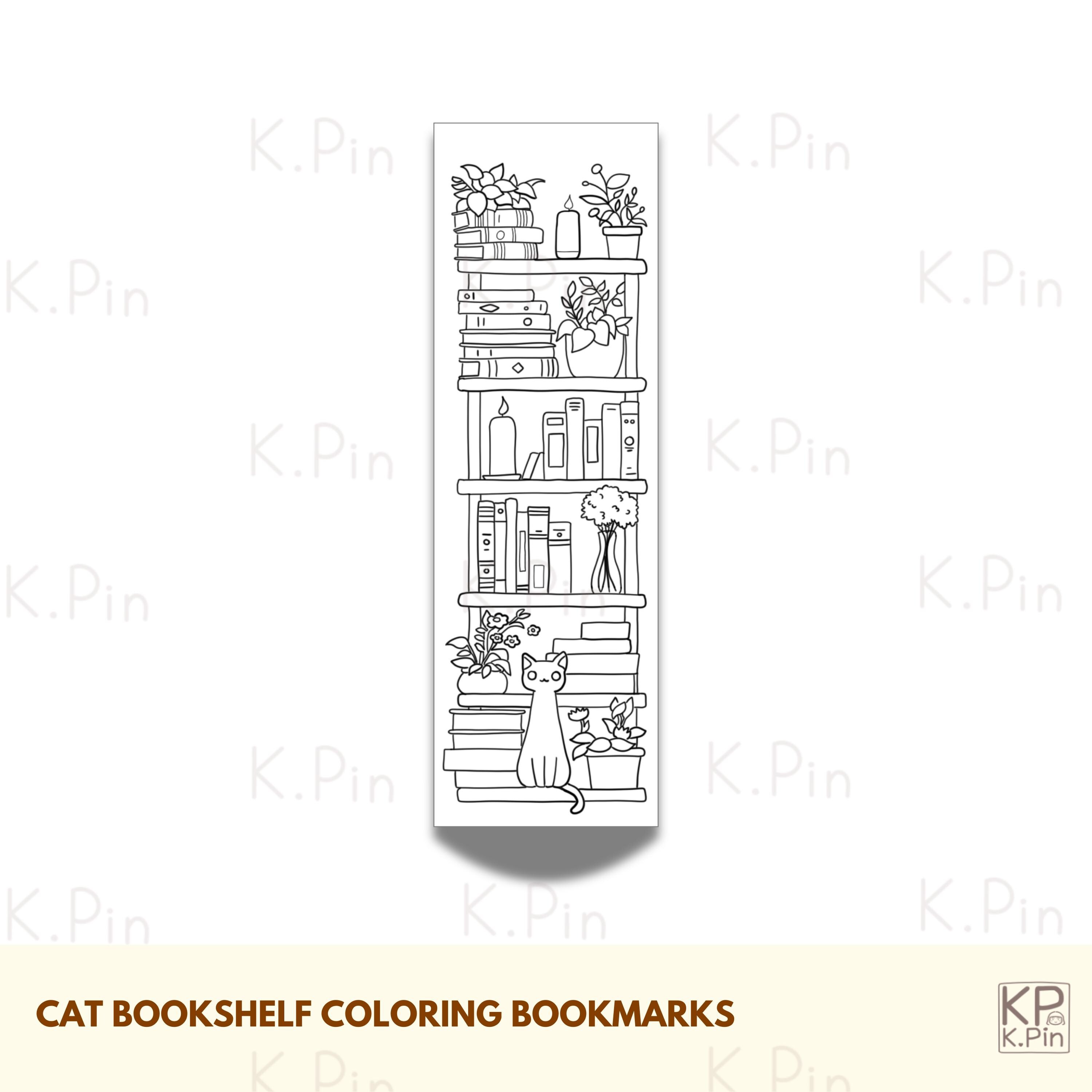 Cat Bookshelf Coloring Bookmarks: DIY Printable (PDF, PNG) - Etsy