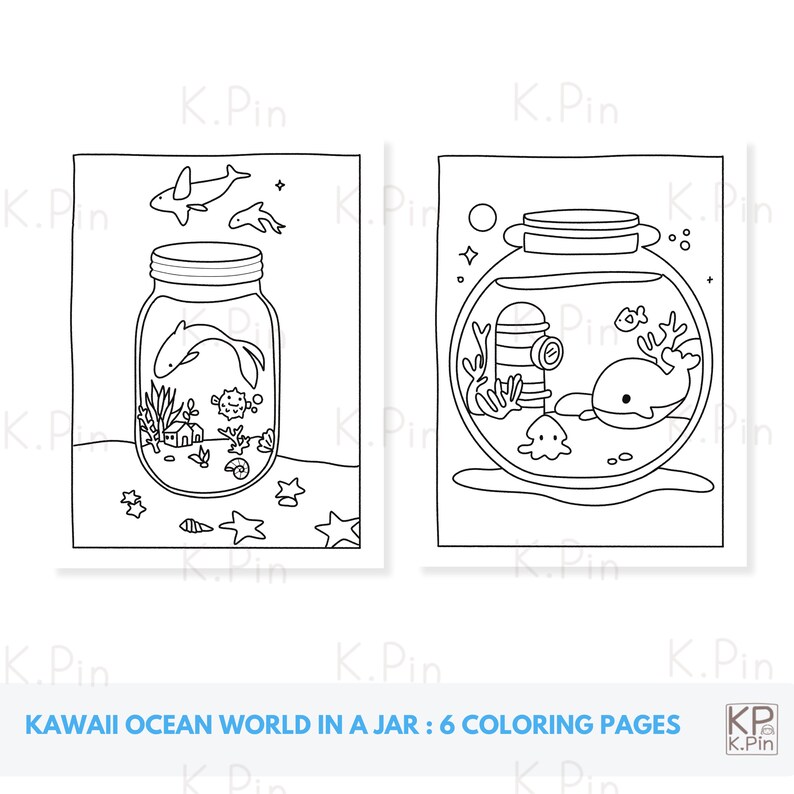 Kawaii Ocean World in a Jar Coloring Pages | Printable Bundle | PDF JPG ...