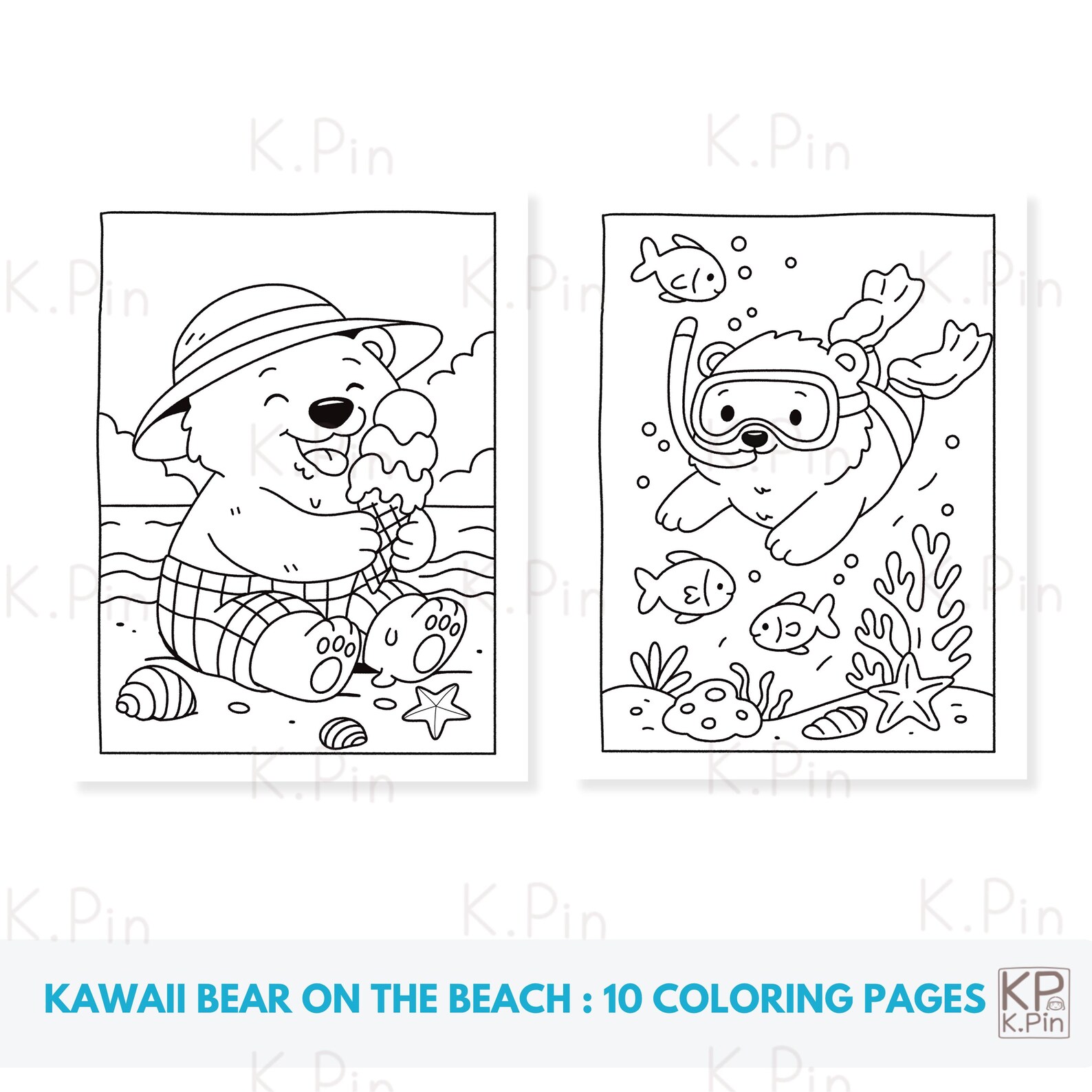 Kawaii Bear Beach Coloring Page - Cute Summer Printable for Kids ...