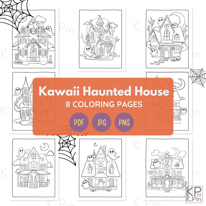 Kawaii Haunted House Coloring Pages: Spooky Halloween Bundle (PDF JPG ...