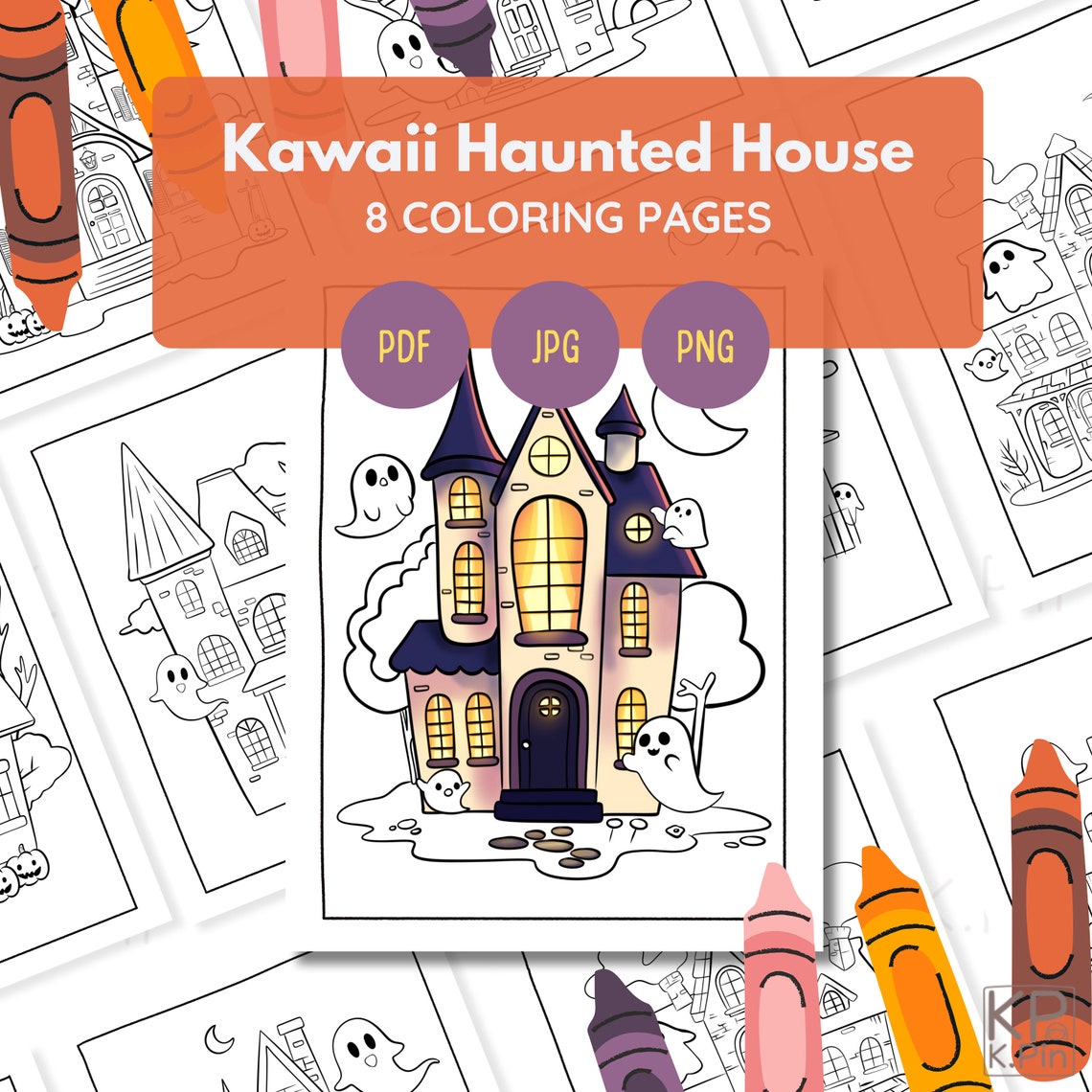 Kawaii Haunted House Coloring Pages: Spooky Halloween Bundle (PDF JPG ...