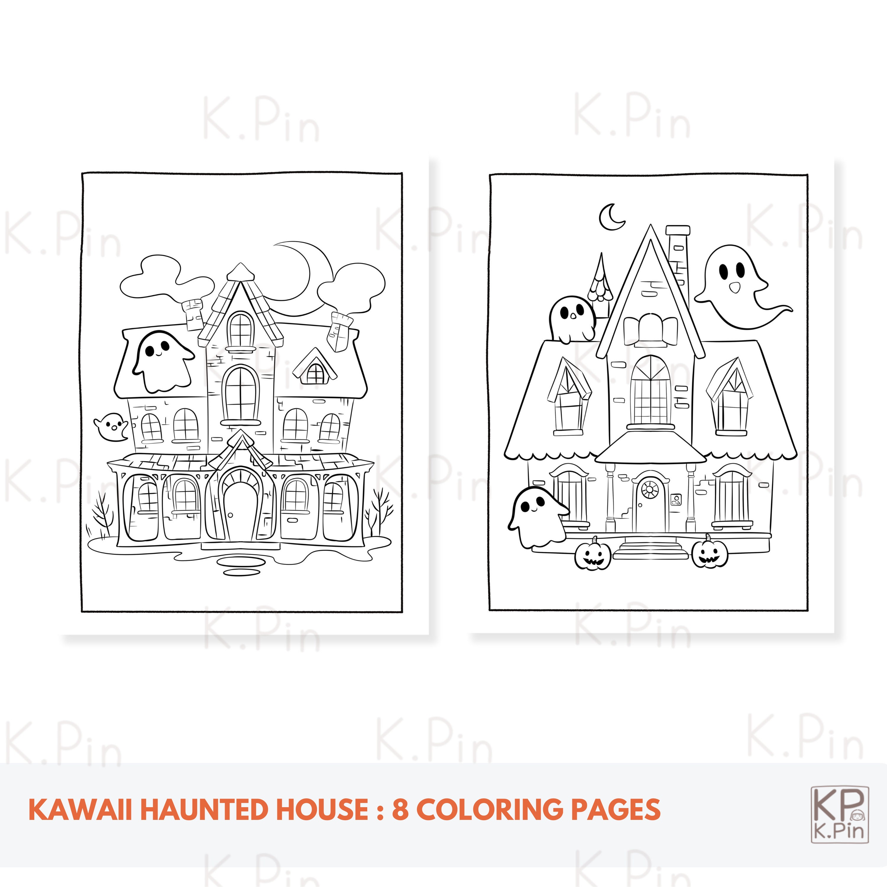 Kawaii Haunted House Coloring Pages: Spooky Halloween Bundle (PDF JPG ...