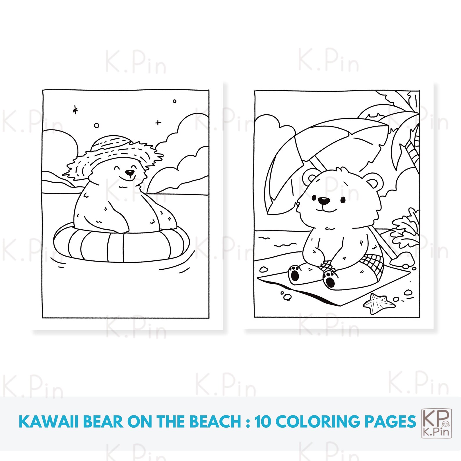 Kawaii Bear Beach Coloring Page - Cute Summer Printable for Kids ...