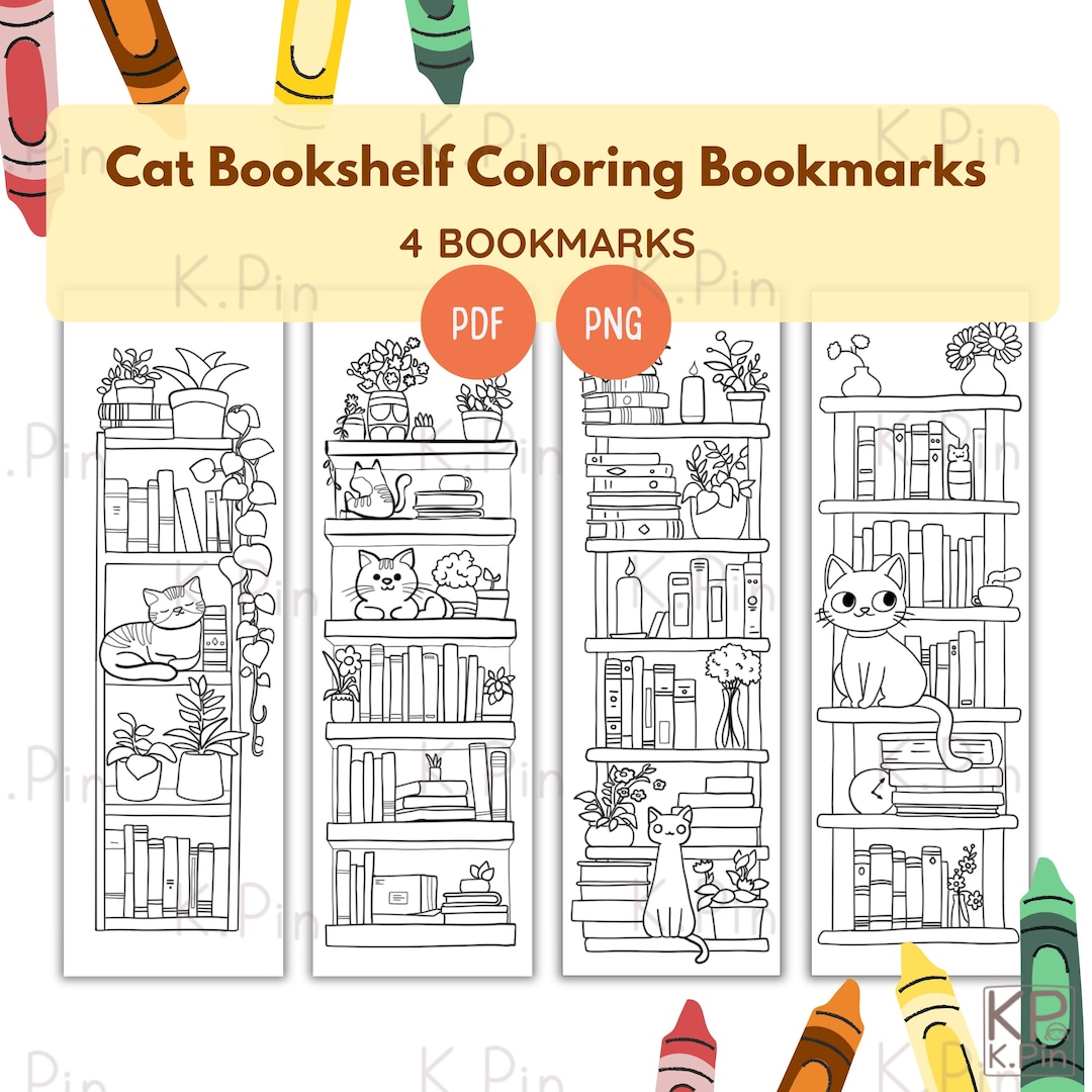 Cat Bookshelf Coloring Bookmarks: DIY Printable (PDF, PNG) - Etsy