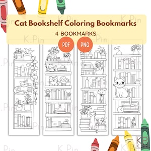Cat Bookshelf Coloring Bookmarks: DIY Printable (PDF, PNG) - Etsy