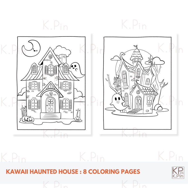 Kawaii Haunted House Coloring Pages Printable Bundle PDF JPG PNG ...