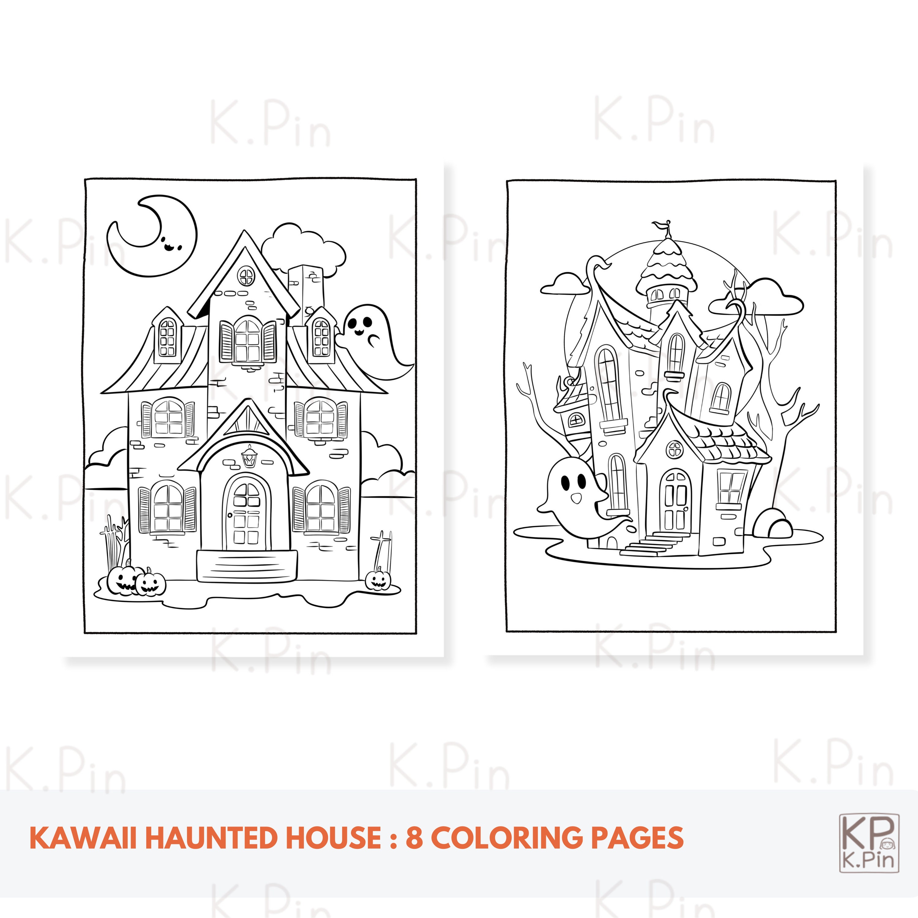 Kawaii Haunted House Coloring Pages: Spooky Halloween Bundle (PDF JPG ...