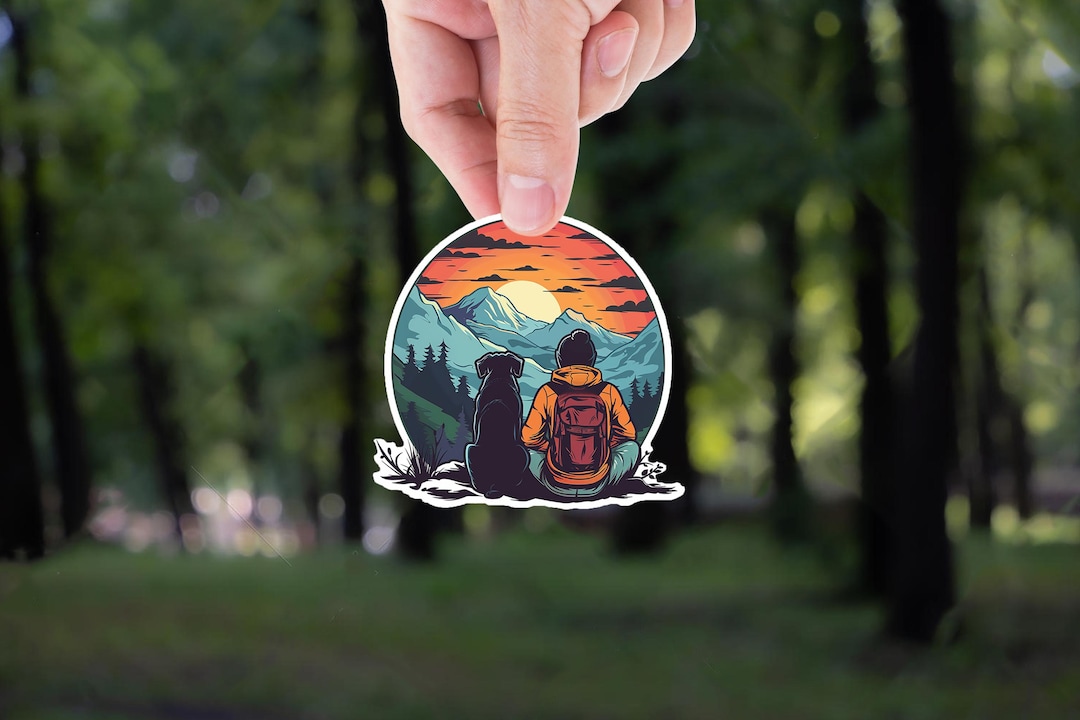 Dog & Hiker Sticker: Retro Mountain View Decal - Etsy