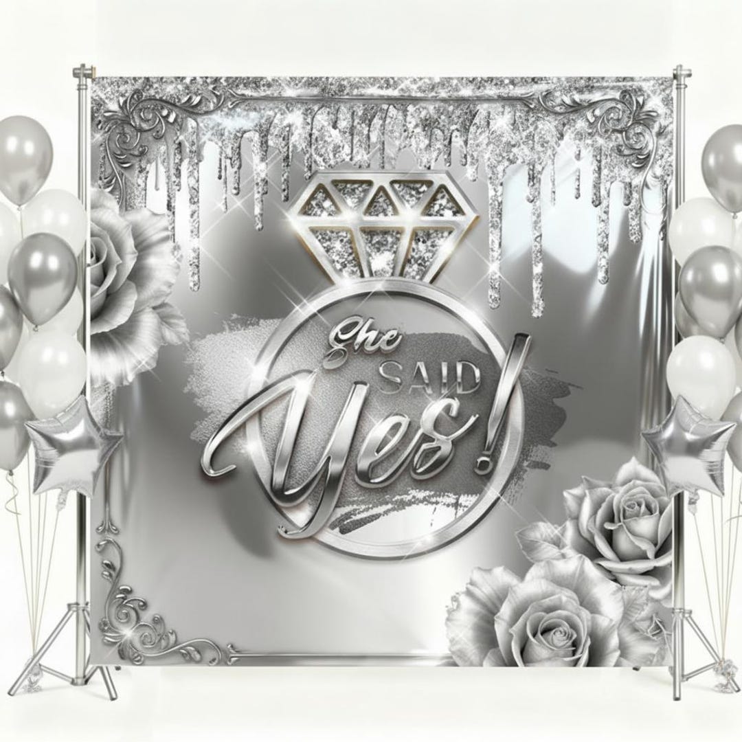 She Said Yes Silver Engagement Backdrop – Glam Diamond Bridal Party ...