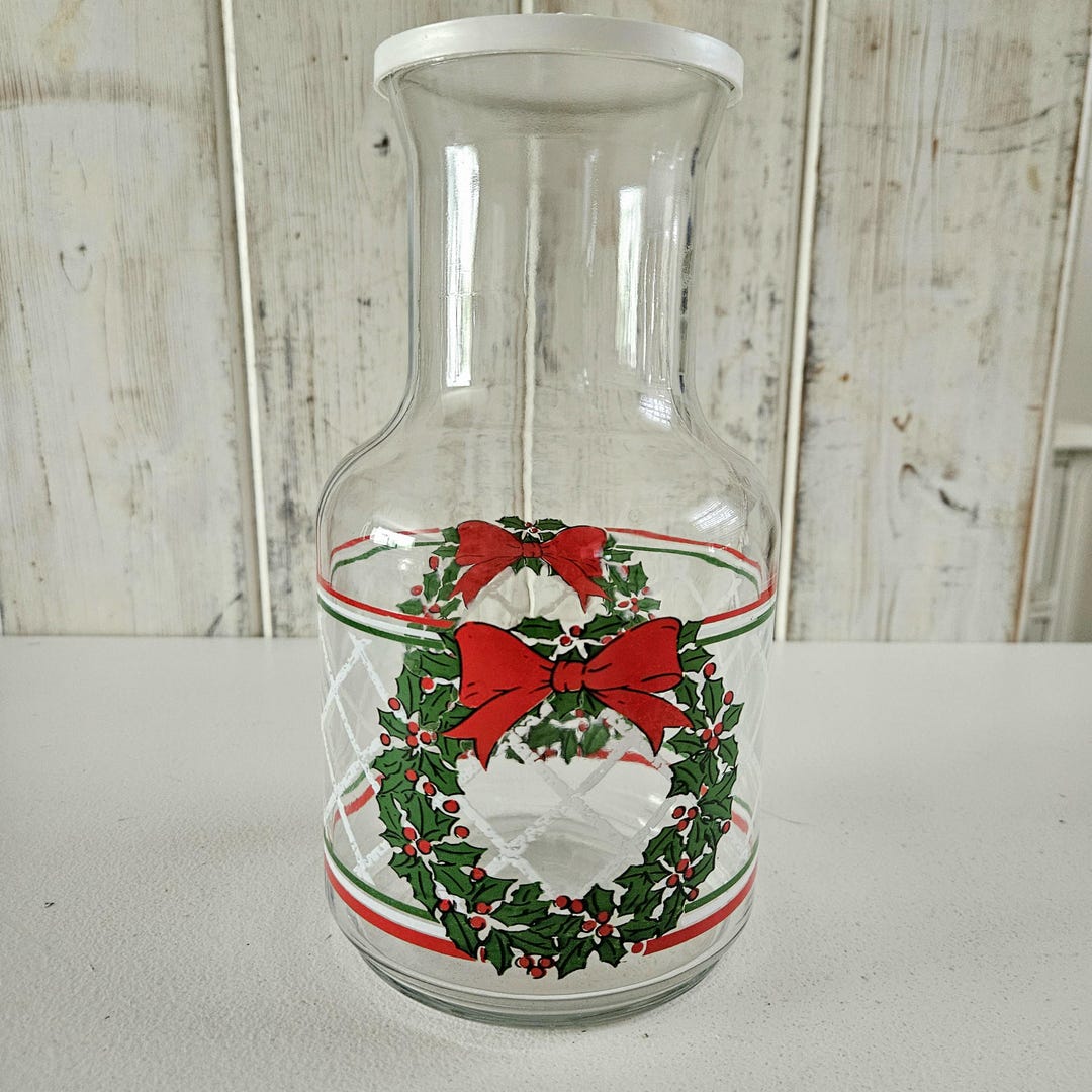 Vintage Christmas Holly Wreath Glass Juice Jug Pitcher With White ...