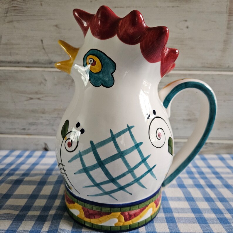 Hand Painted Colorful Pottery Clay Art Mosaic Rooster Pitcher, 1999 ...