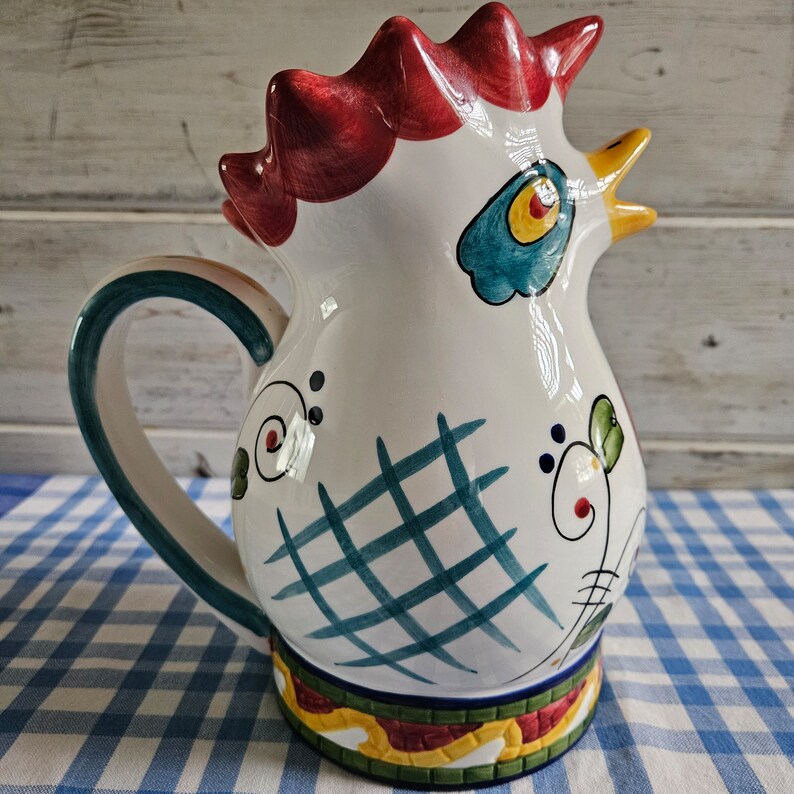 Hand Painted Colorful Pottery Clay Art Mosaic Rooster Pitcher, 1999 ...