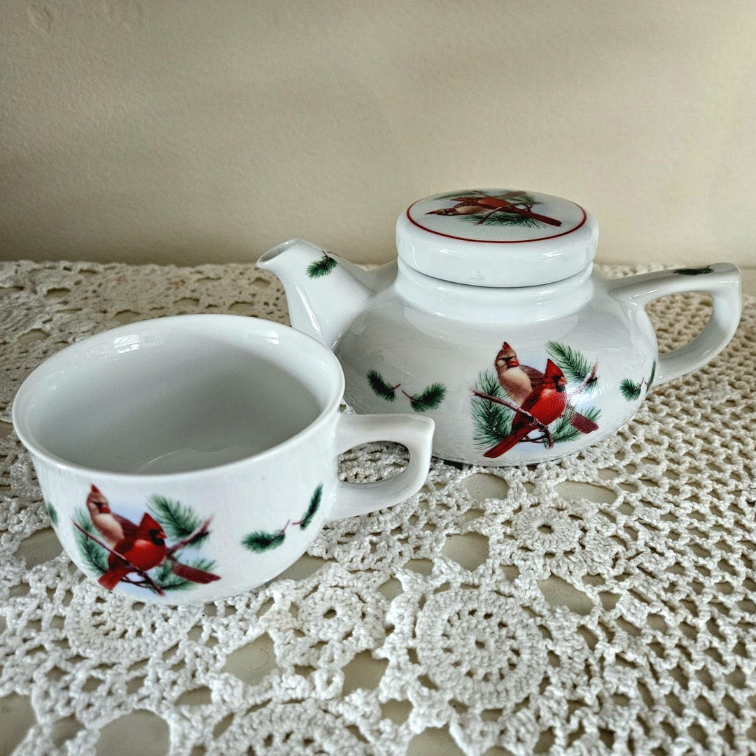 Vintage Winter Theme Cardinals Porcelain Tea Set Teapot & Cup - Etsy