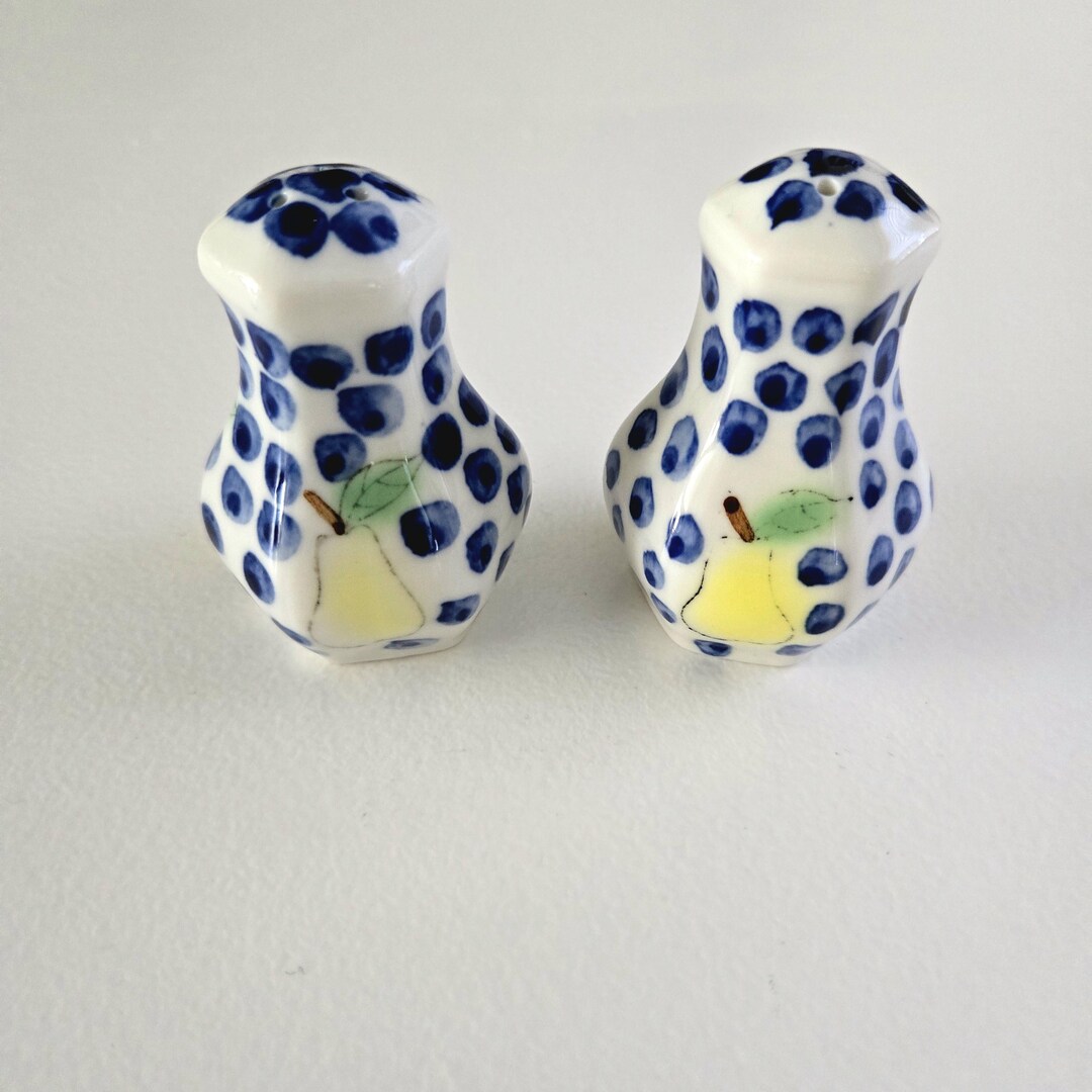 Hand Painted Ceramic Salt & Pepper Shakers: Blue Dots, Yellow Pears - Etsy