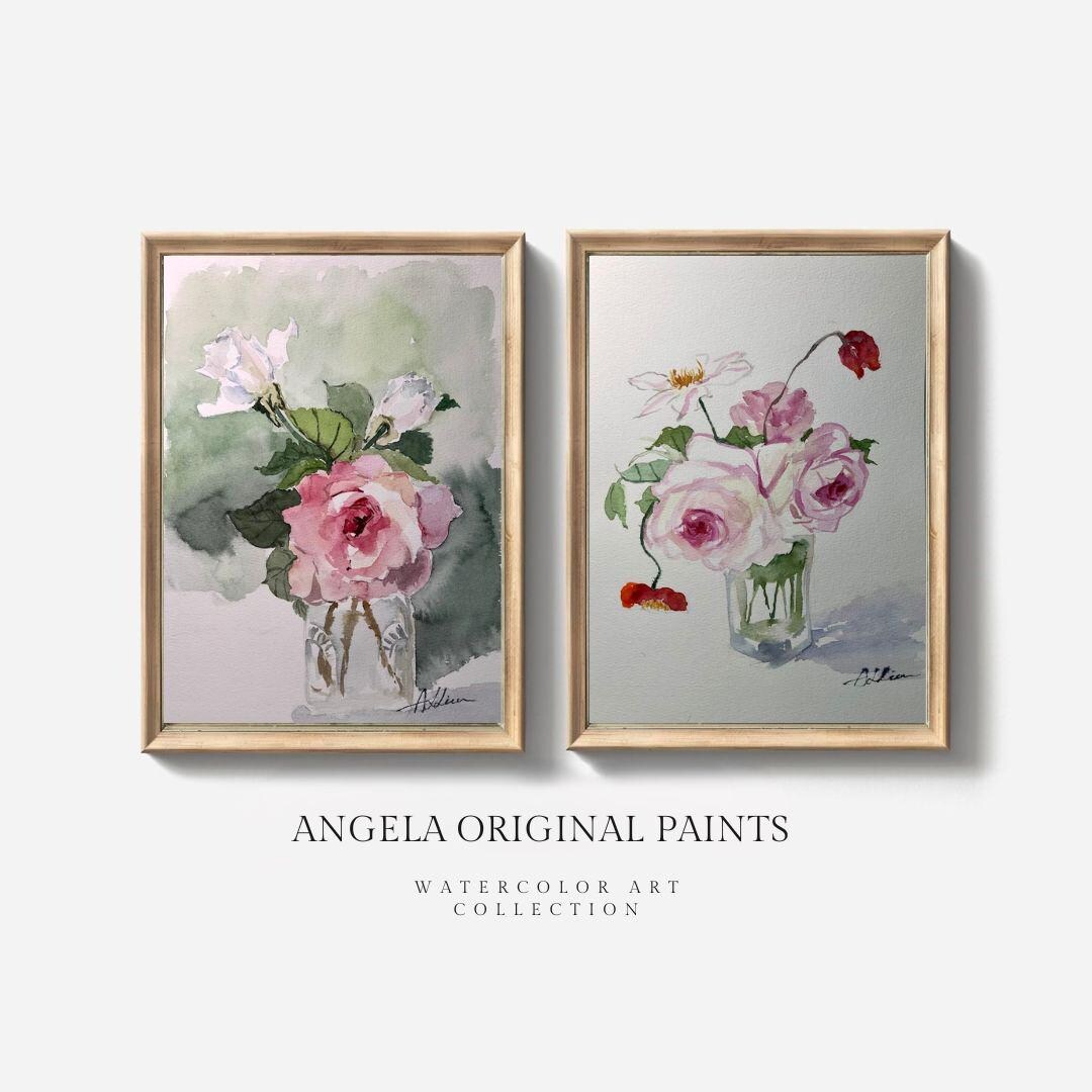 Floral Watercolor Painting Set: Roses & Wildflowers (8x10in) Set of Two ...